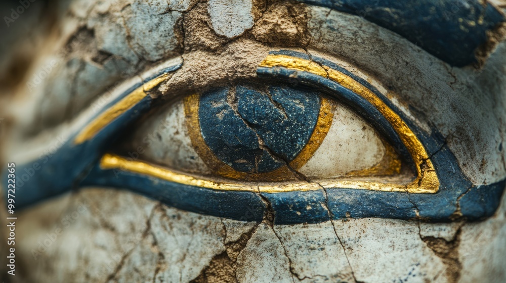 This artwork features an ancient Egyptian eye carving adorned with ...