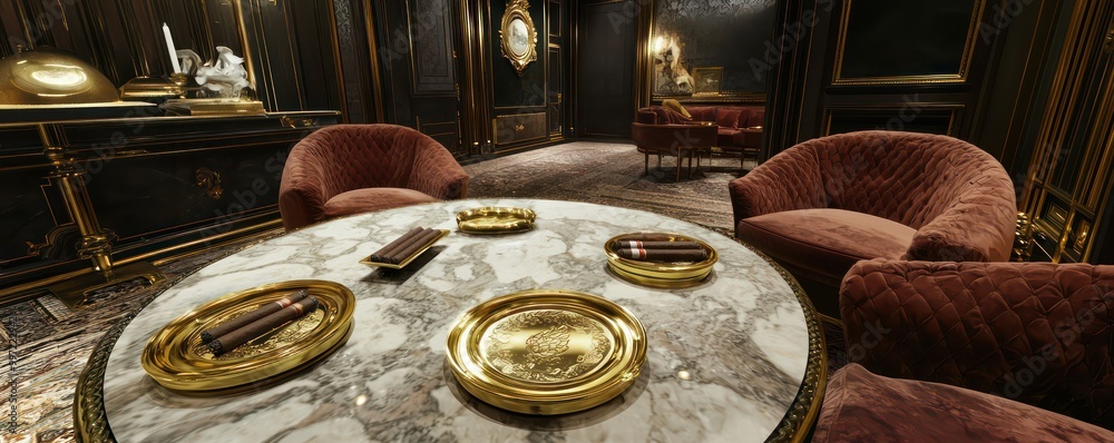 A sophisticated smoking room with a marble table, gold ashtrays, and ...