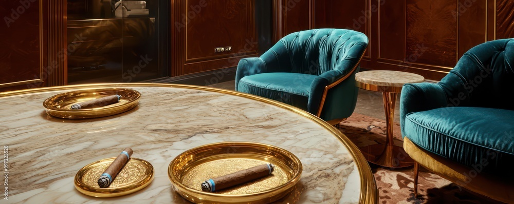 A sophisticated smoking room with a marble table, gold ashtrays, and ...