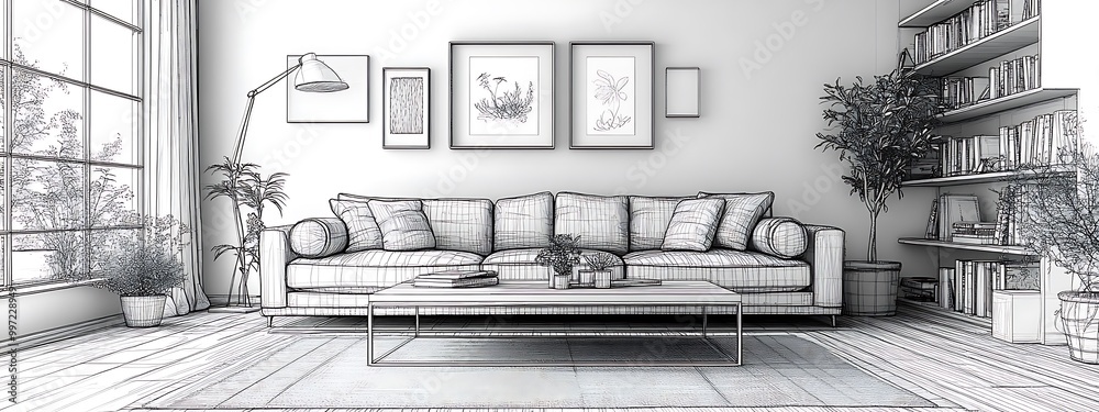 Line interior home art room design illustration outline sketch ...