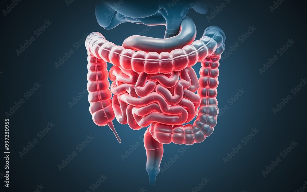 3D rendering of the human digestive system with the small intestine ...