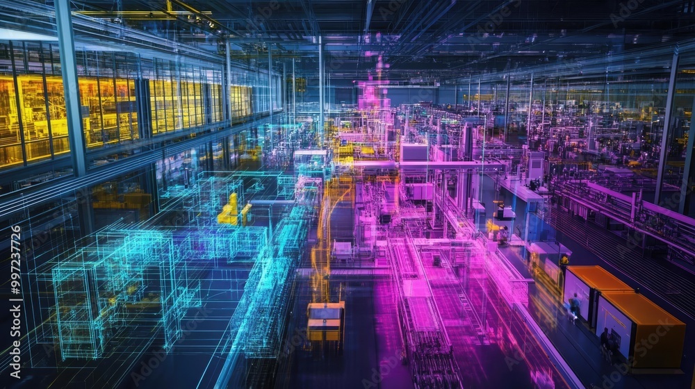 digital twin of factory floor with colorcoded product lifecycle stages ...