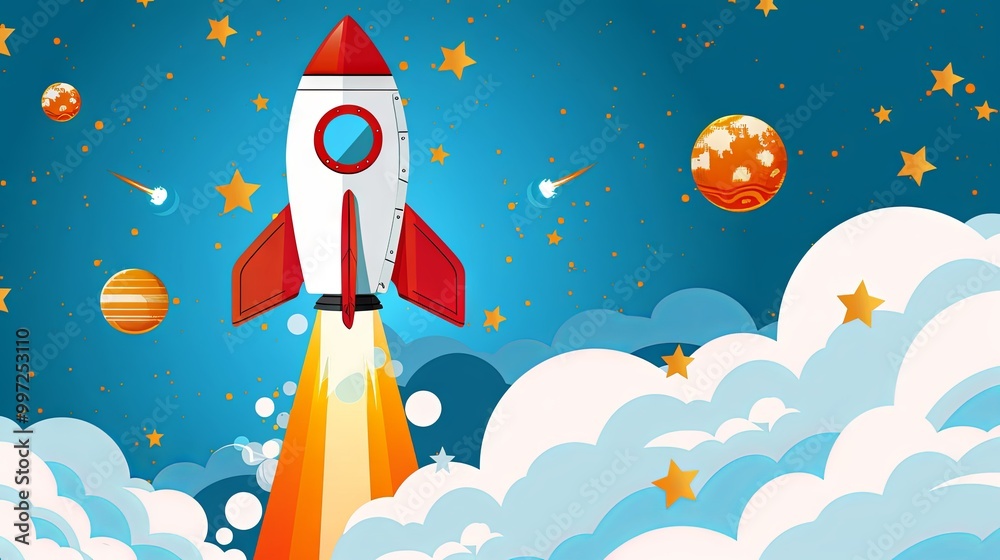 Colorful illustration of a rocket launching into space, with people ...