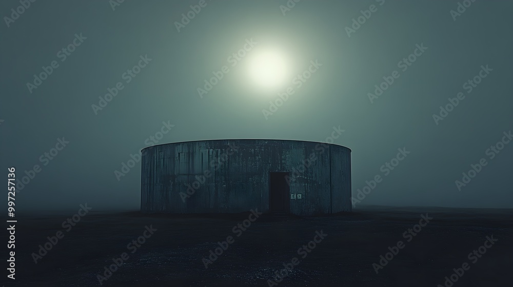 Moonlit stainless steel tank in an empty field, with mist gently ...