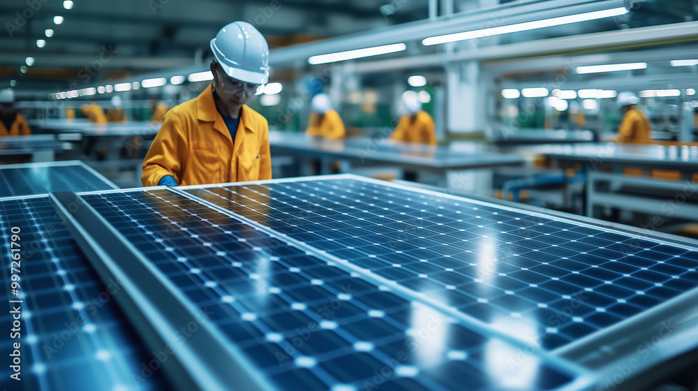 Asian female worker inspects solar panel quality in a manufacturing ...