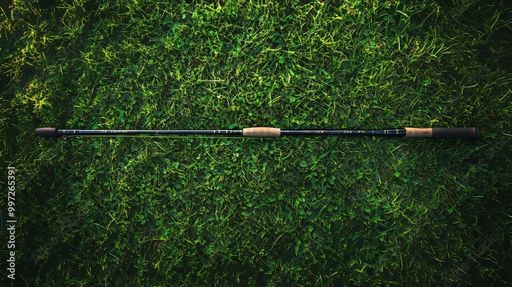 Fishing rod lying horizontally on vivid green grass from a top-down ...