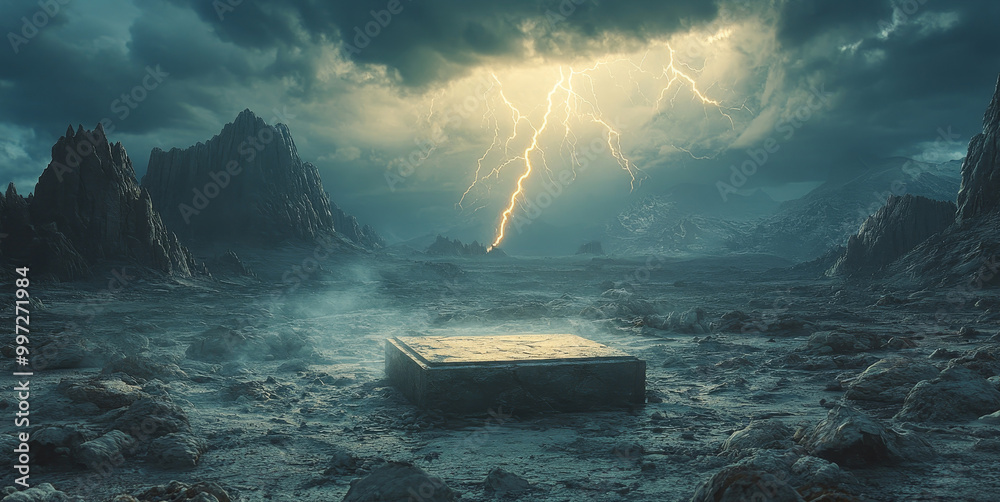 Lightning cracks through the menacing storm clouds, casting sharp light ...