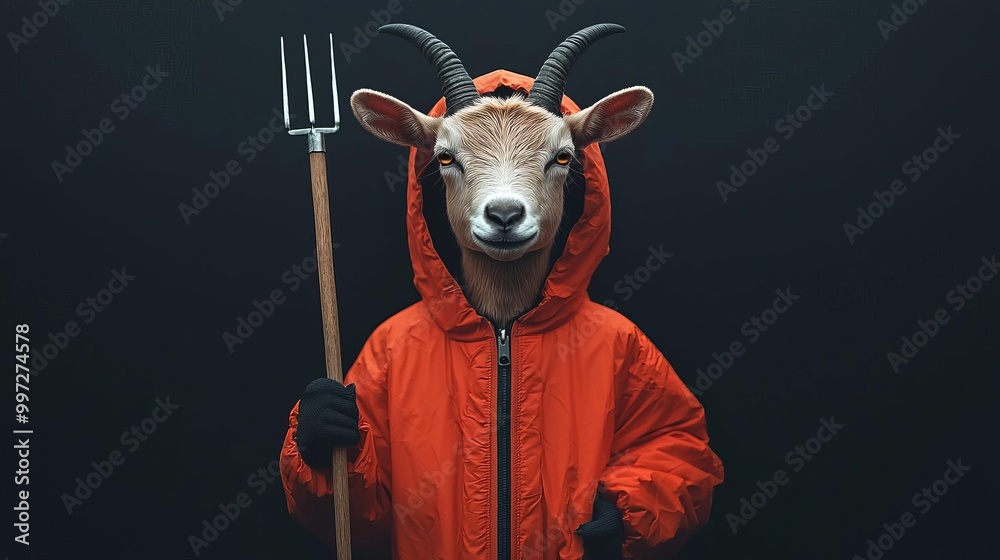 Goat in a devil costume with tiny horns and a pitchfork, devil goat ...