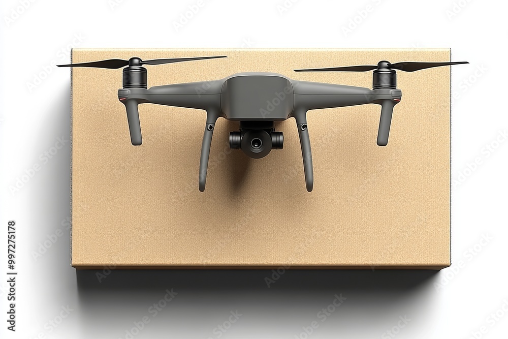 Black drone mounted on a cardboard box against a plain background ...