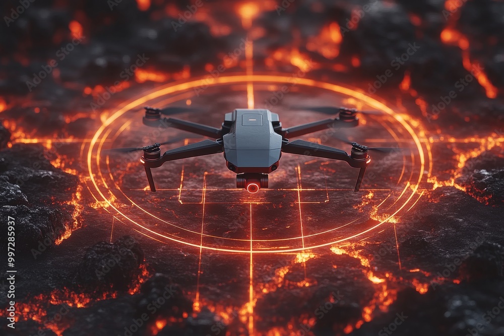Black drone hovering above a glowing red landing pad in a high tech ...