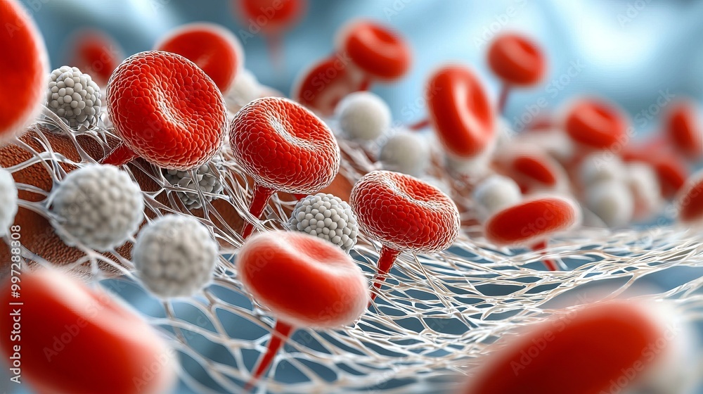 Microscopic view of blood cells and a network of capillaries. Stock ...