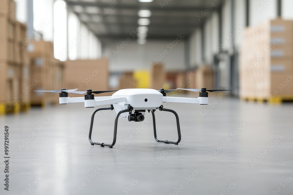 White drone sitting on a warehouse floor symbolizing high tech UAV ...