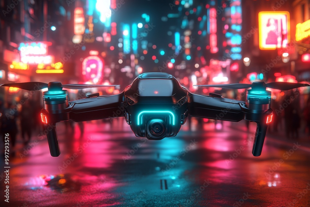 Futuristic black drone flying over neon lit city streets symbolizing ...