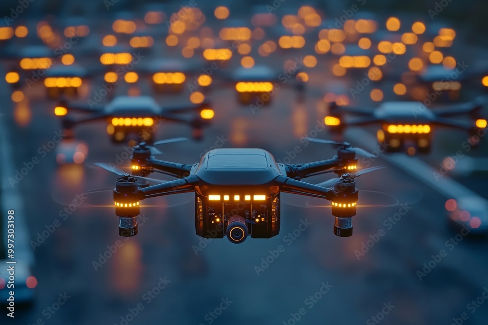Numerous drones with orange lights flying over a warehouse floor ...