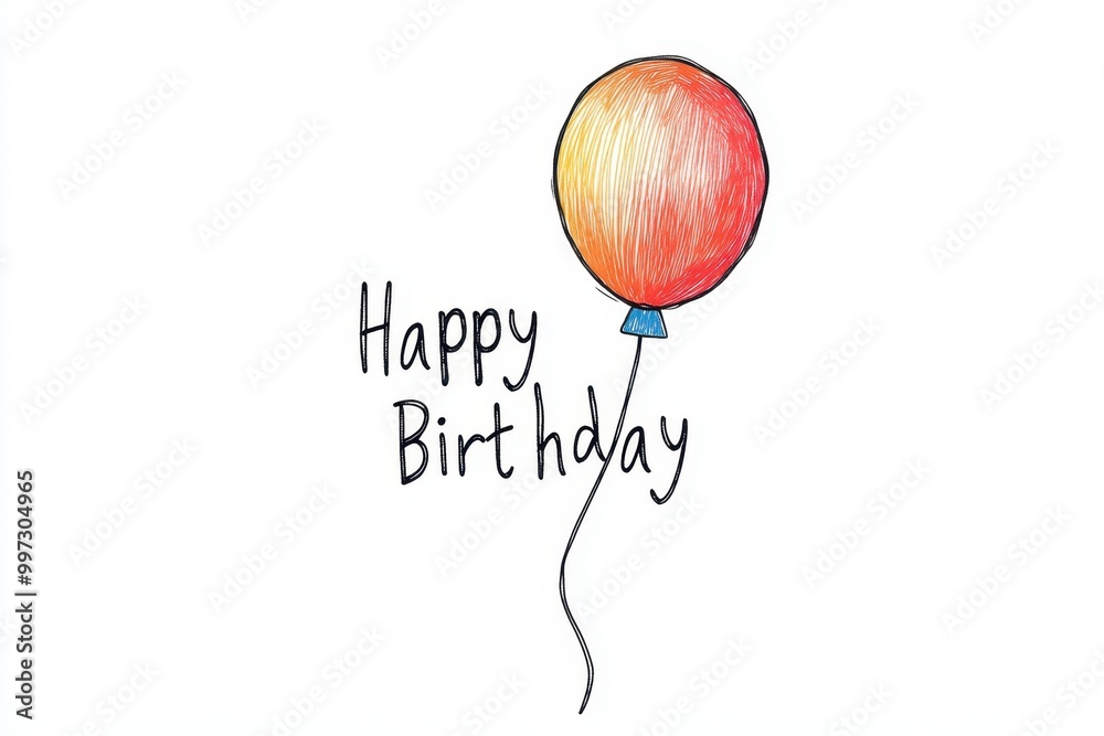 The word "Happy Birthday" written in one line, a drawing of a balloon ...