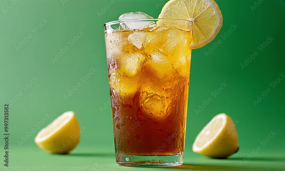 Iced lemon tea with sliced lemons and ice green screen background with ...