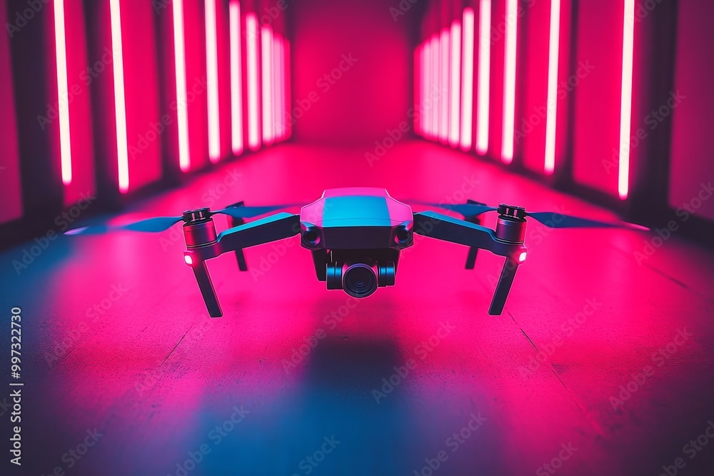 Futuristic drone with neon lights resting on a glowing platform ...