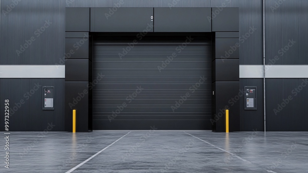 Modern storehouse is featuring a large shutter door for loading and ...