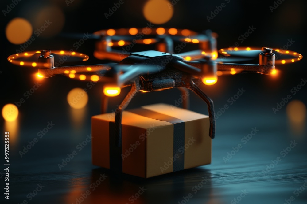 Drone with glowing orange rotors carrying a package at night ...
