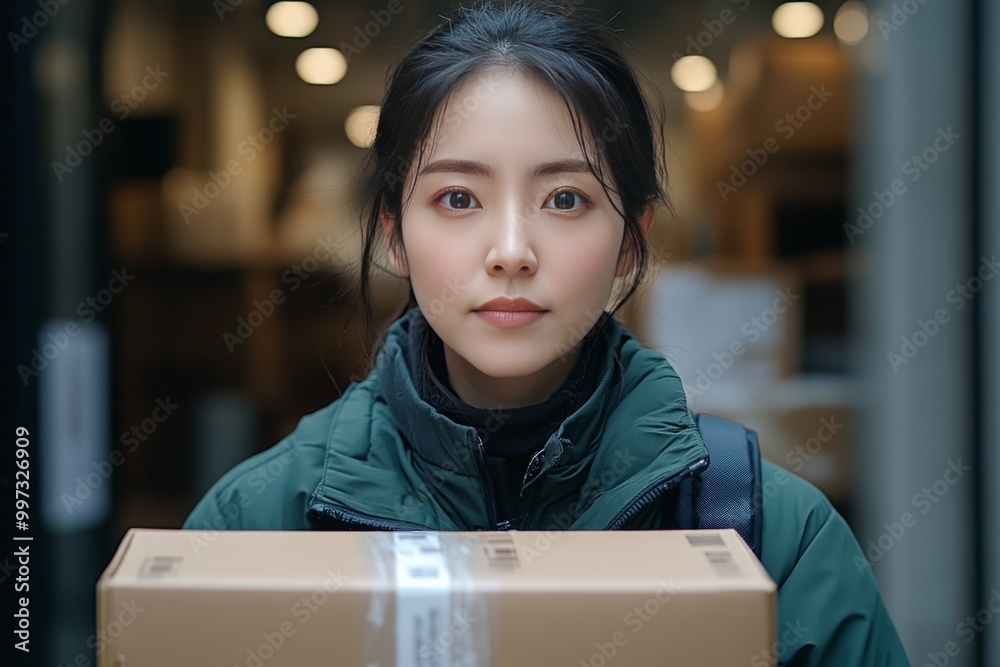 Young woman holding a cardboard package in an urban street symbolizing ...