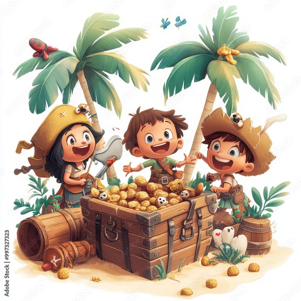 Three cartoon children dressed as pirates with swords and hats ...