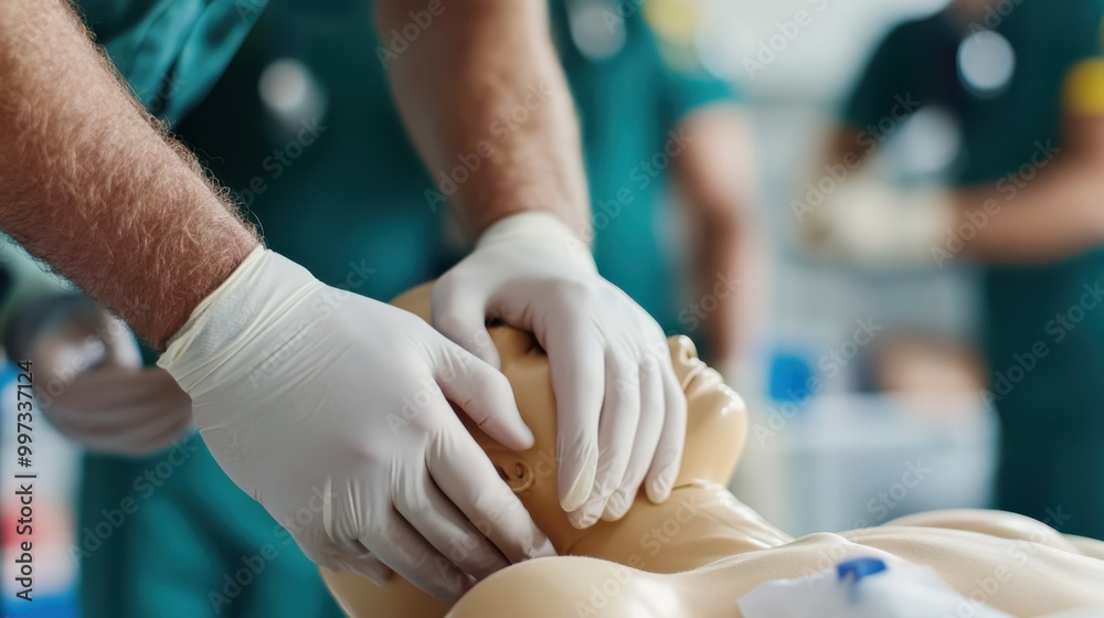 Emergency medical personnel practice CPR on a training mannequin ...