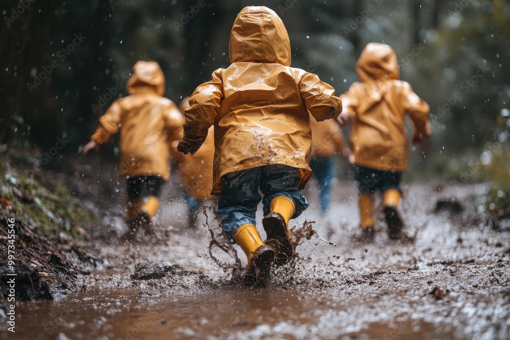 Kids in yellow raincoats run through mud. This photo is perfect for ...
