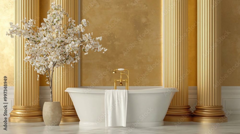 Elegant bathroom featuring a luxurious bathtub, golden columns, and a ...