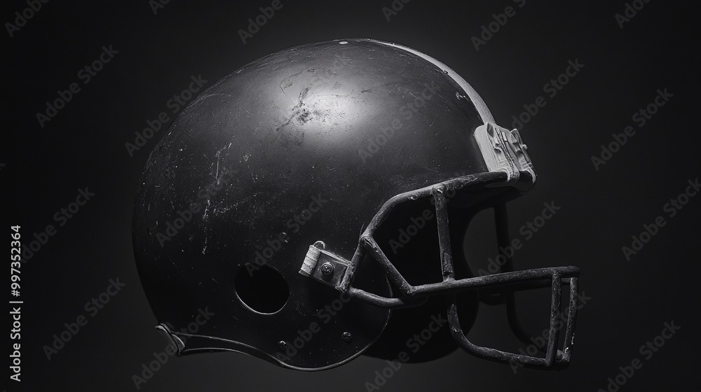 Foto de Black and white image of a scratched and dented football helmet ...