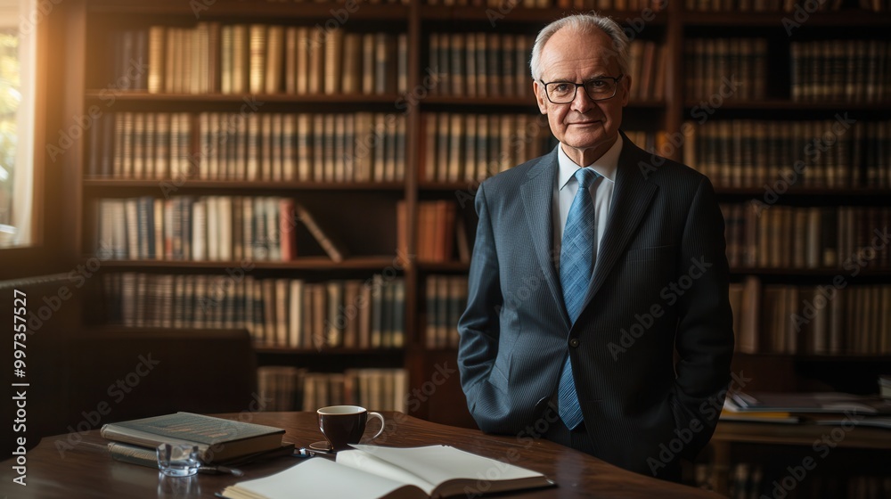 The professor, dressed in a suit, poses confidently in a study ...