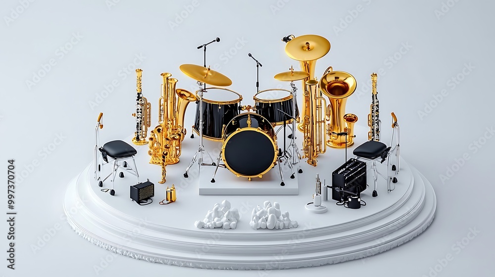 Golden musical instruments sit atop a white stage platform, ready for a ...