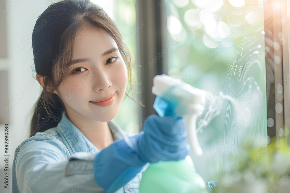 Housework, young Asian woman wearing blue rubber gloves is cleaning the white cabinet with a ...