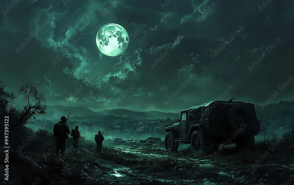 Army forces operating at night, illustrated with dark and atmospheric ...