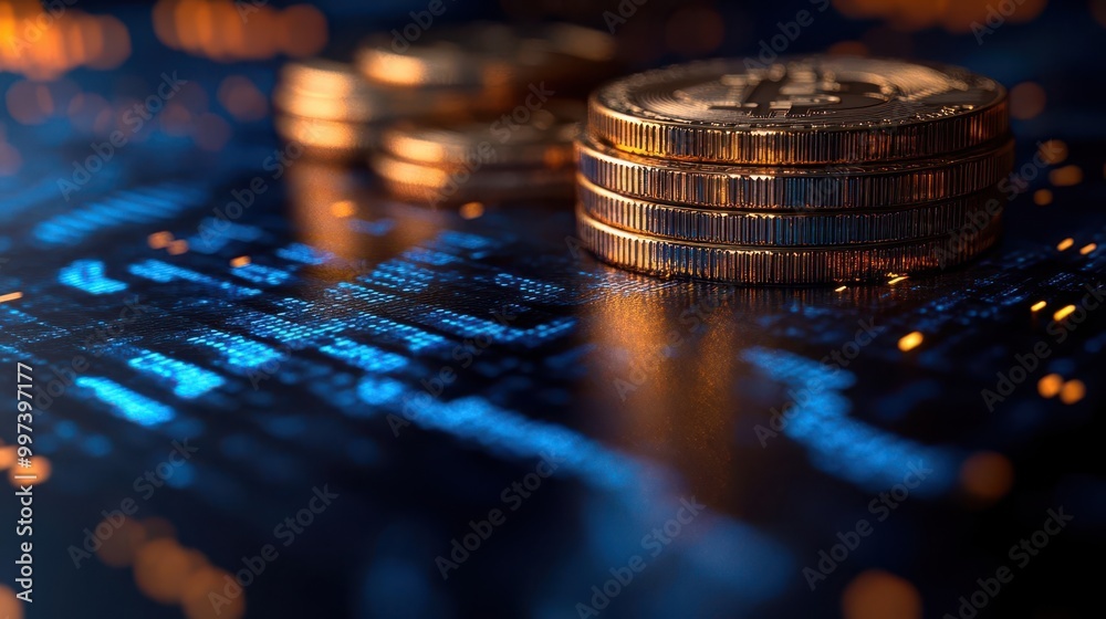 3d rendering of a coin background with a rising blue finance graph ...