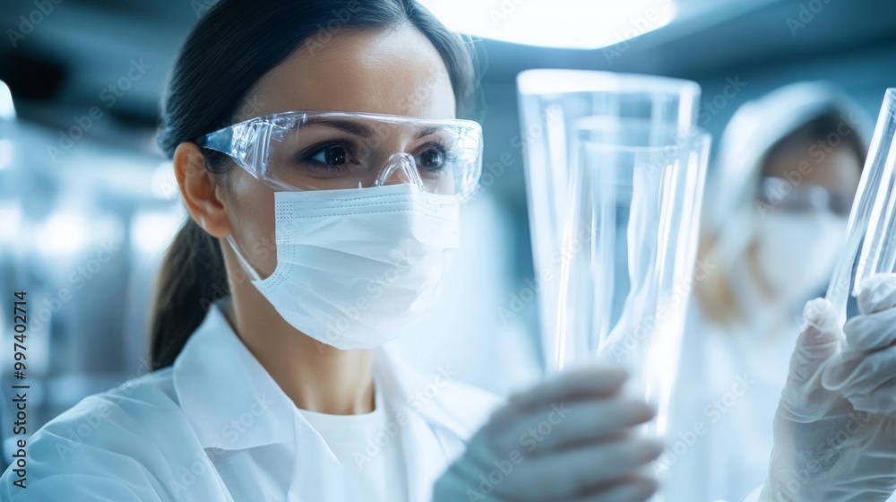 A researcher in a white lab coat and safety gear analyzes glassware in ...