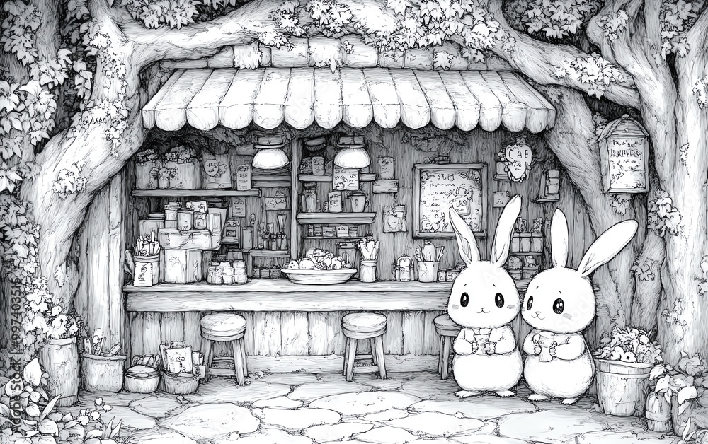 Black and white, handdrawn scene of chibi bunnies in a magical cafe ...