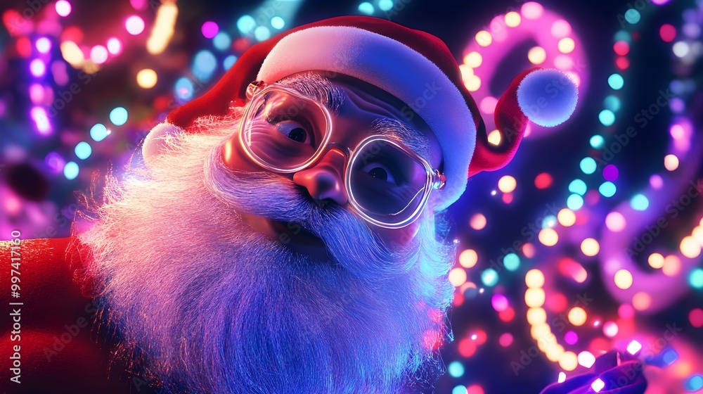 Santa, 3d illustration, neon lights, holiday poster, background with ...