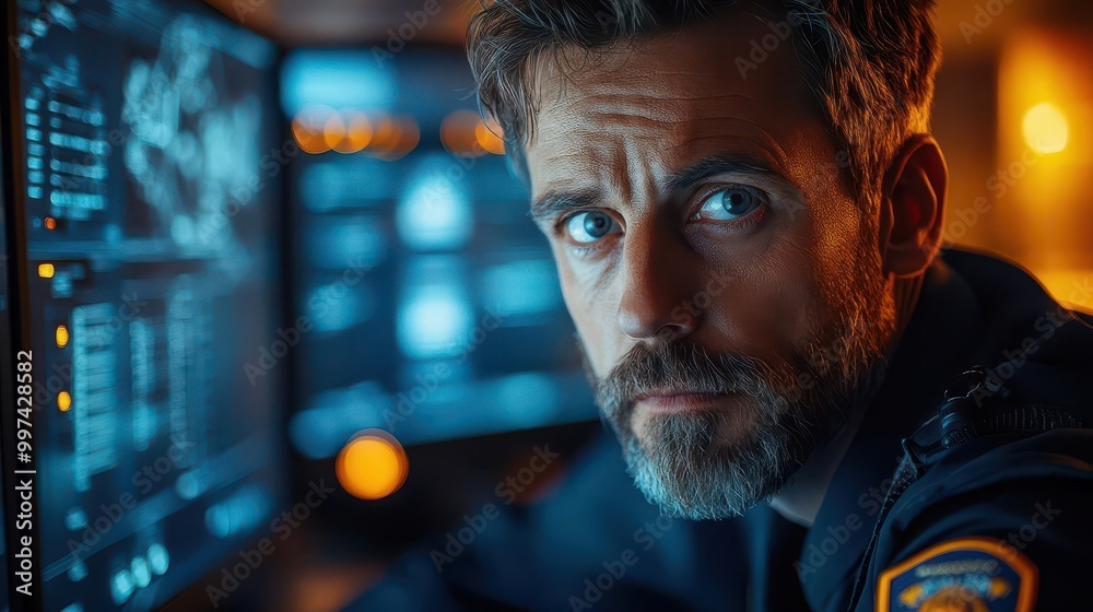 ภาพประกอบสต็อก busy police officer managing a 911 call center ...