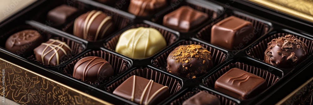 A collection of gourmet chocolates elegantly arranged in a luxurious ...