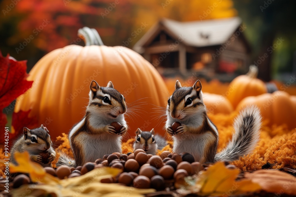 Create a cozy woodland scene featuring a family of chipmunks gathering ...