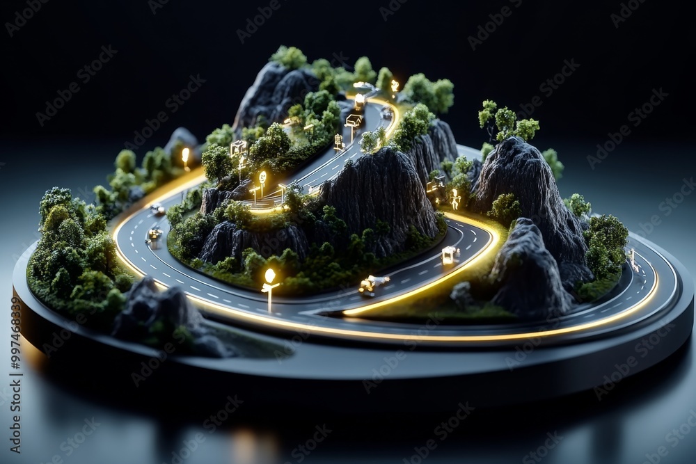 Digital 3D model of a corporate success journey, where different ...