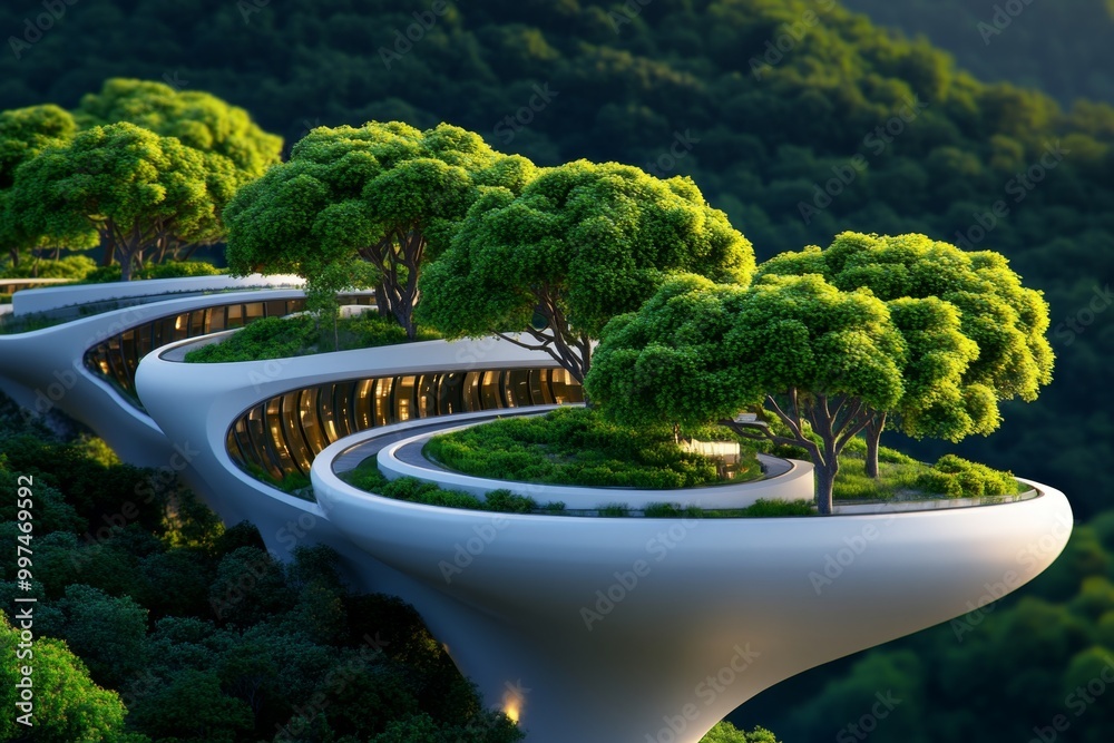 Fantasy forest-powered city, where enchanted trees absorb carbon and ...