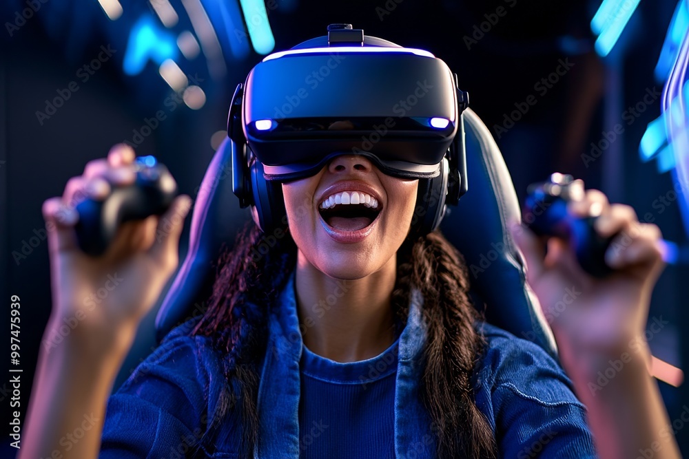 Hyper-realistic person in a VR experience, showing every detail of the ...