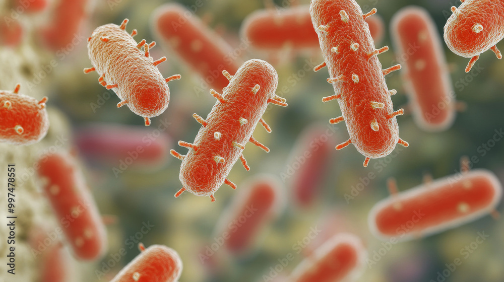 This image shows a computer-generated model of E. coli bacteria, a type ...