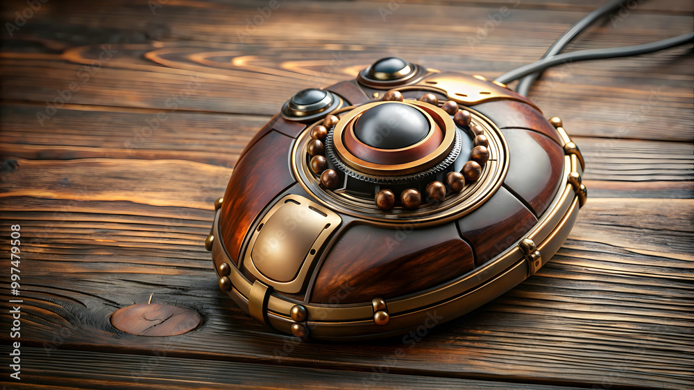 Steampunk style trackball mouse on a wooden desk , vintage, retro ...