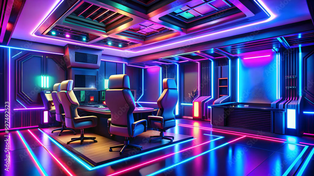 Futuristic gaming room with neon lights and spectacular interior design ...