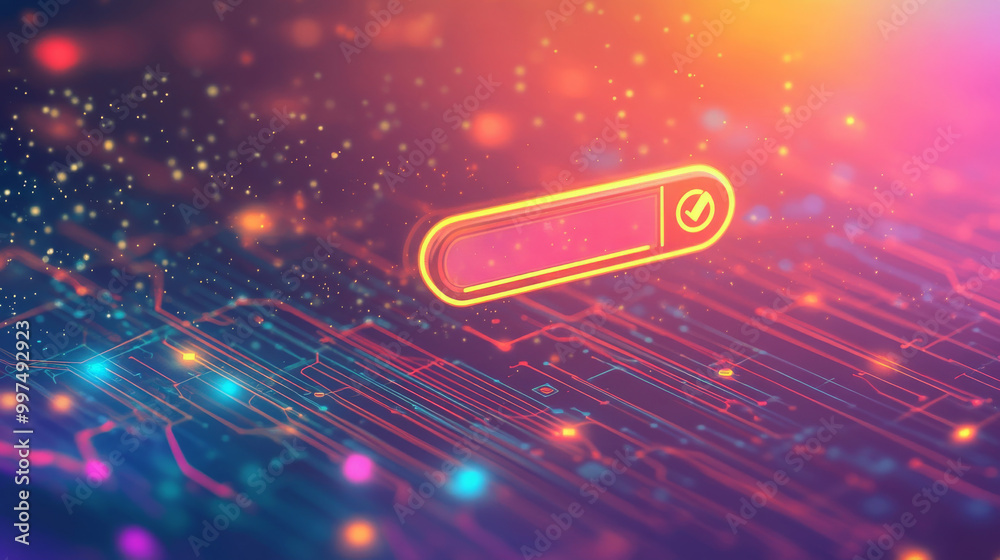 A picture showing a search bar on a colorful, tech-themed background ...