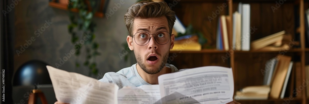 Shocked man with glasses reading newspaper, mouth agape in disbelief ...