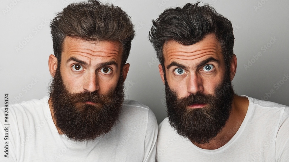 Two bearded men with intense expressions and matching hairstyles pose ...