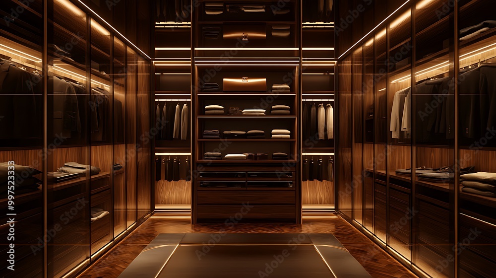 Minimalist Walk-in Wardrobe with Glass Front Cabinets A sleek walk-in ...